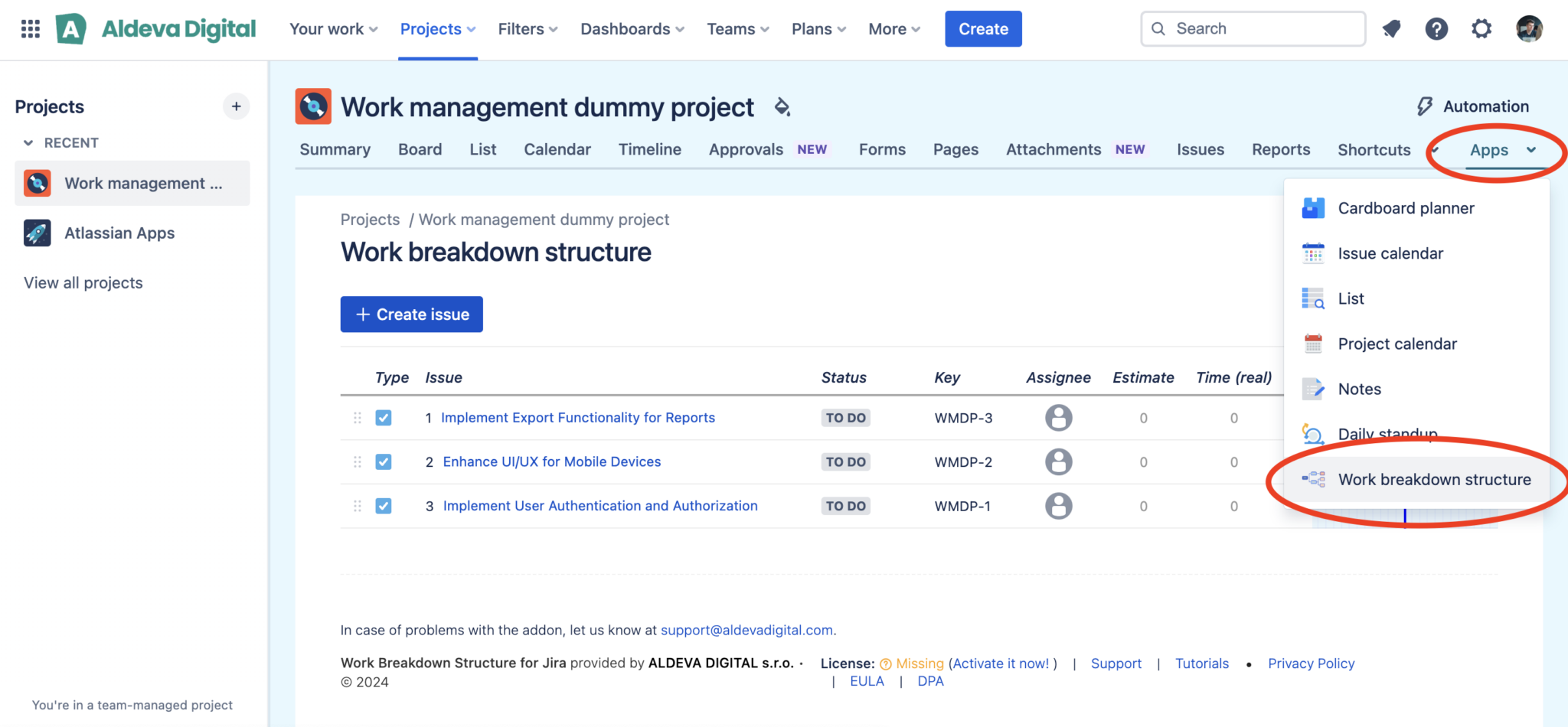 How to access Work Breakdown Structure from the project | ALDEVA Digital